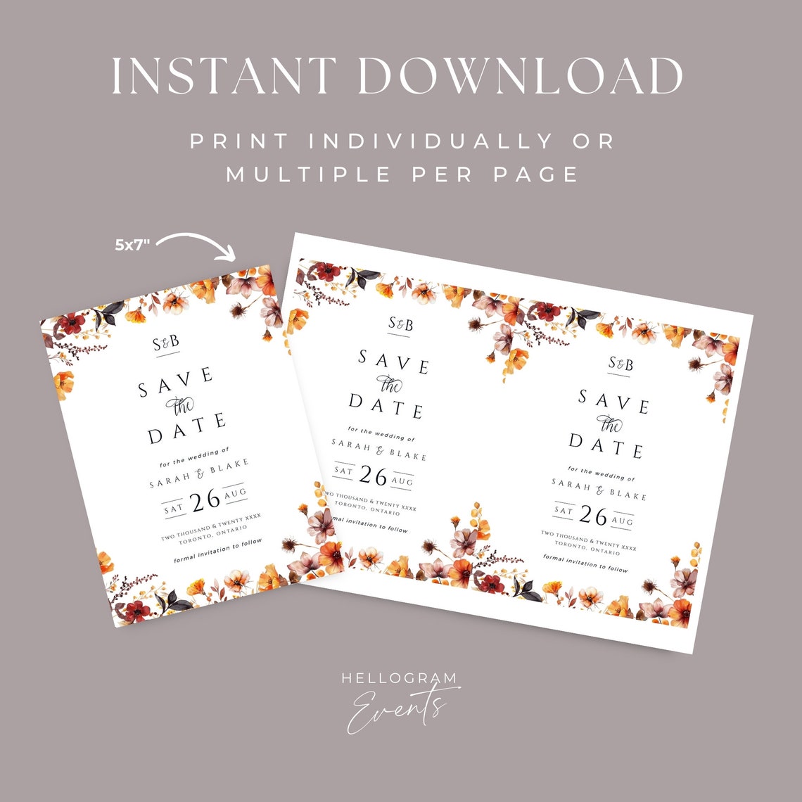Fall Foliage Save the Date, Floral Terracotta and Burgundy Wedding ...