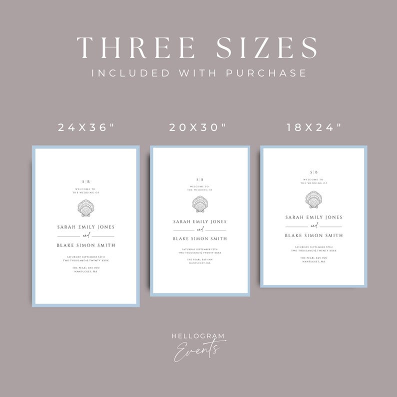 Coastal Wedding Welcome Sign, Printable Beach Seashell Poster, Dusty Light Blue Template ...