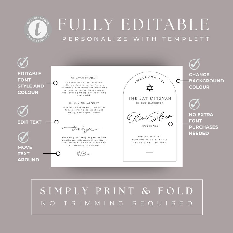 Bat Mitzvah Program Template, Editable Minimal Bar Mitzvah Party ...