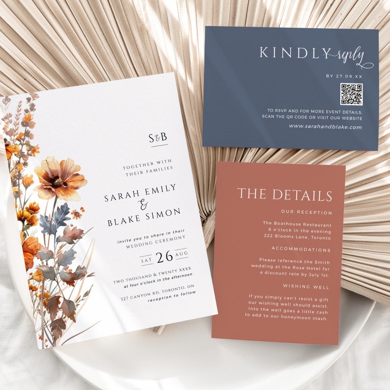 Burnt Orange Wedding Invitations Set Digital Invite, Watercolor ...