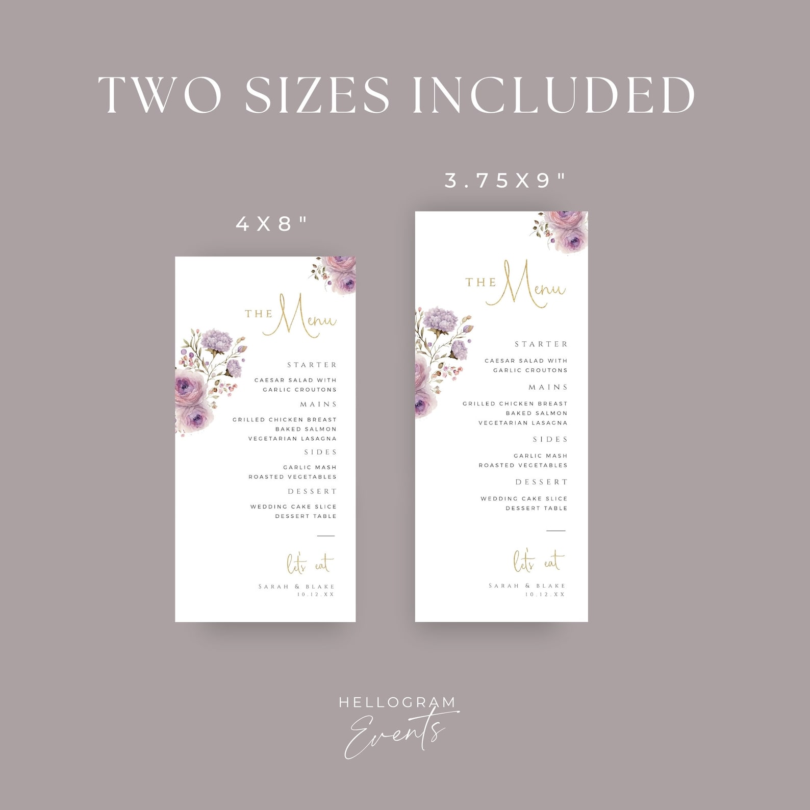 Lilac Wedding Menu, Purple and Gold Template, Printable Lavender Menu ...
