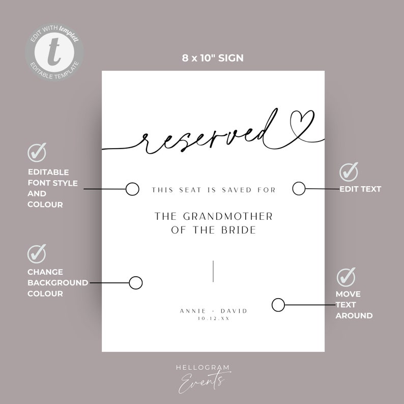 Minimalist Reserved Sign Grandmother of Bride, Simple Saved Wedding ...
