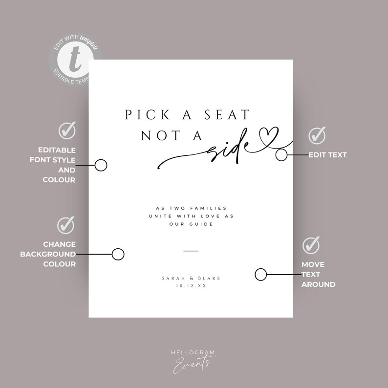 Pick a Seat Not a Side Template, Minimalist Wedding Poster, Sit ...