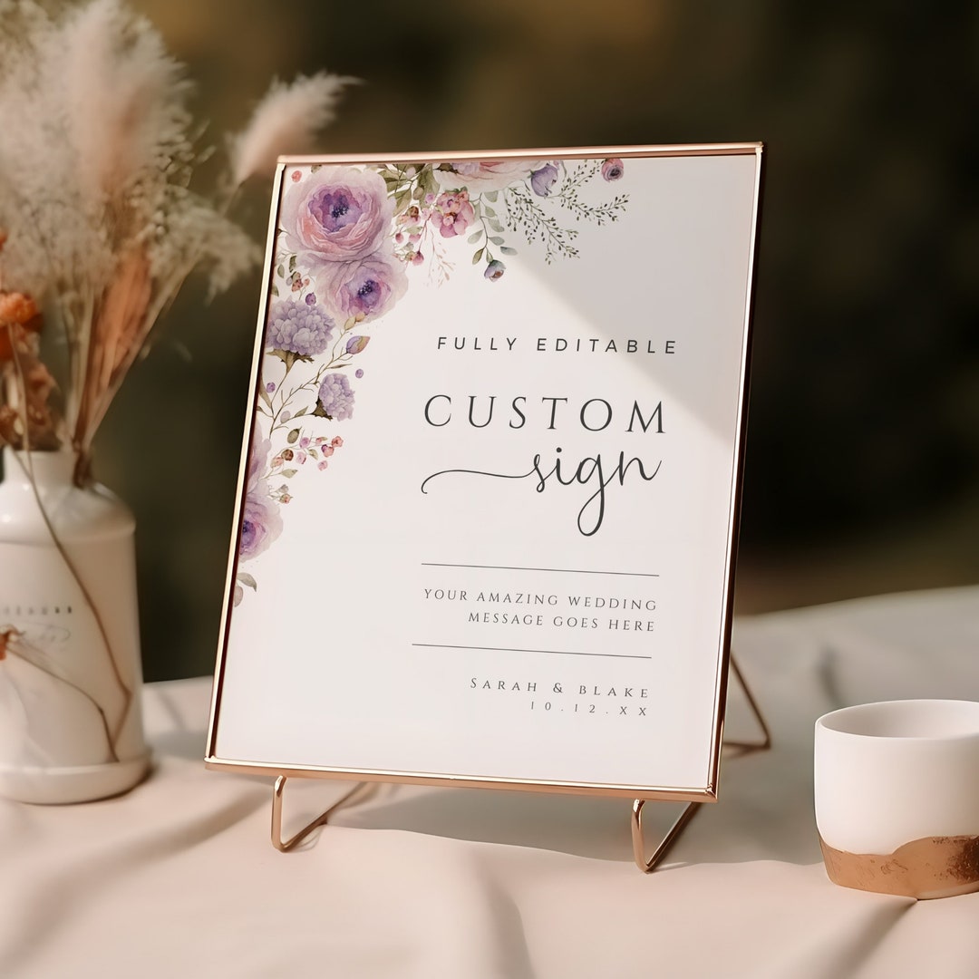 Floral Custom Sign Wedding Template, Purple Editable Table Signage ...
