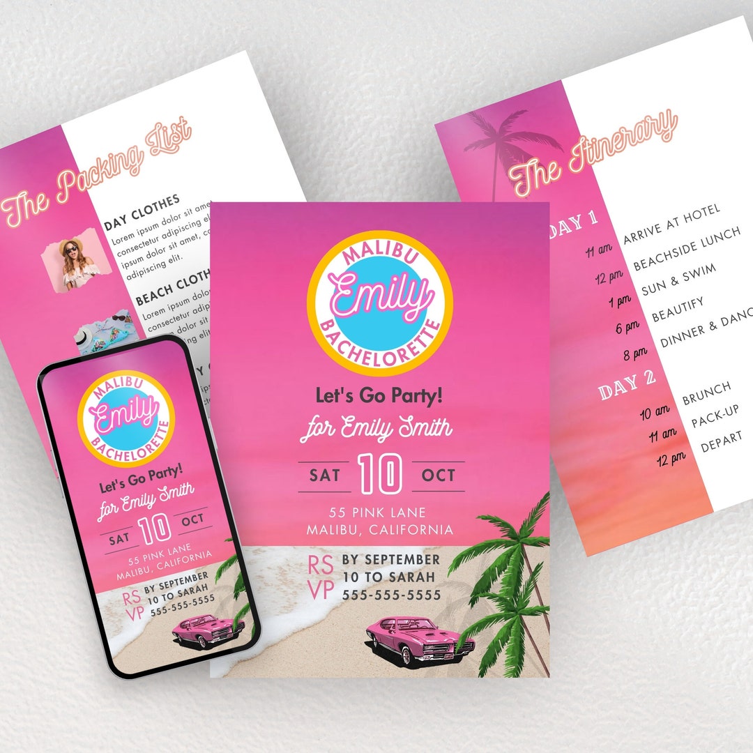 Malibu Bachelorette Party Itinerary, Digital Beach Invitation, Packing ...