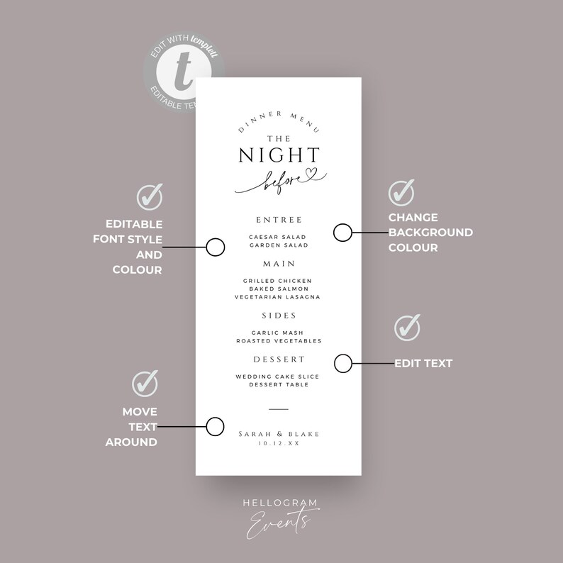 Rehearsal Dinner Menu and Name Card, Editable Wedding Guest Place Card ...