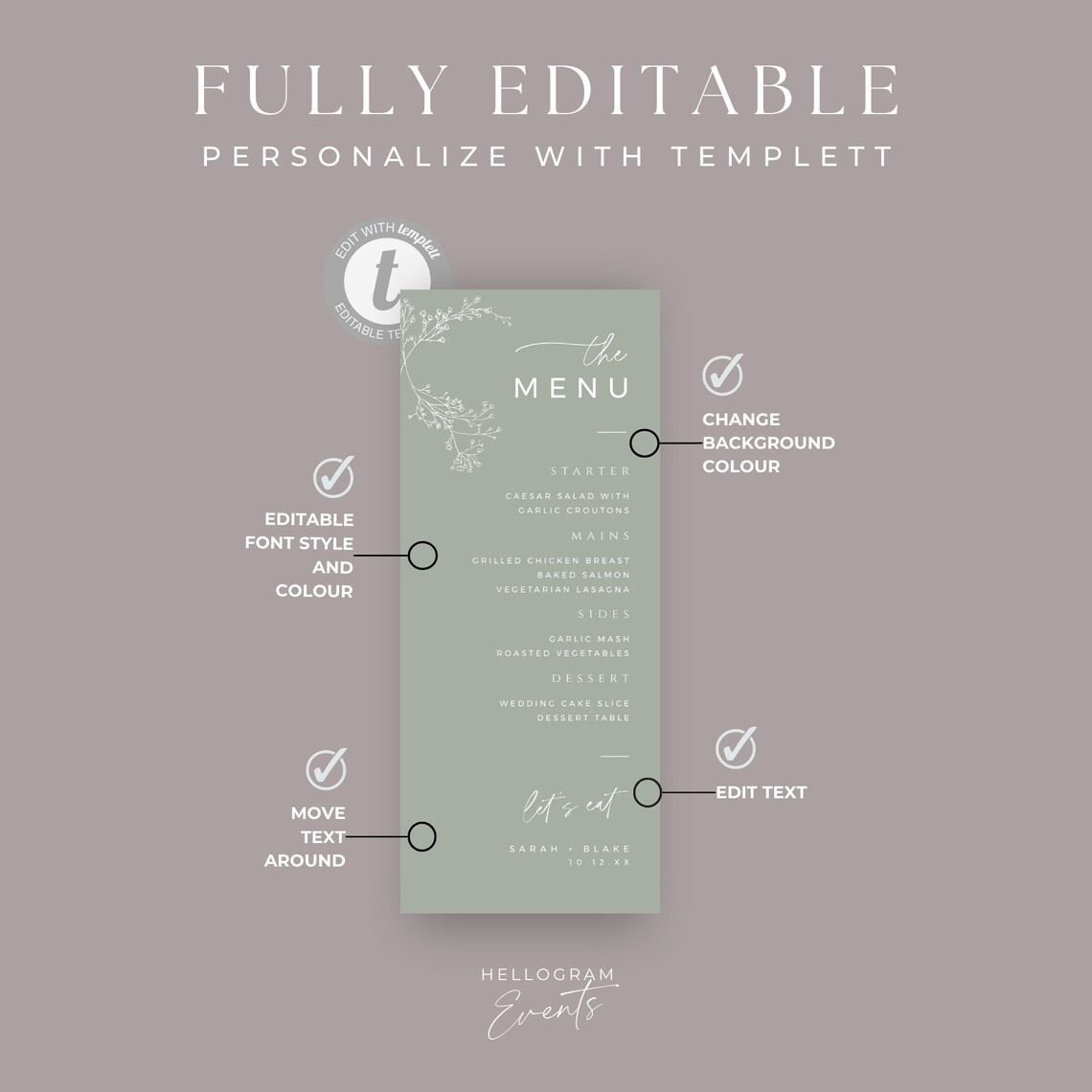 Sage Green Menu Card, Lets Eat Wedding Dinner, Minimalist Printable ...