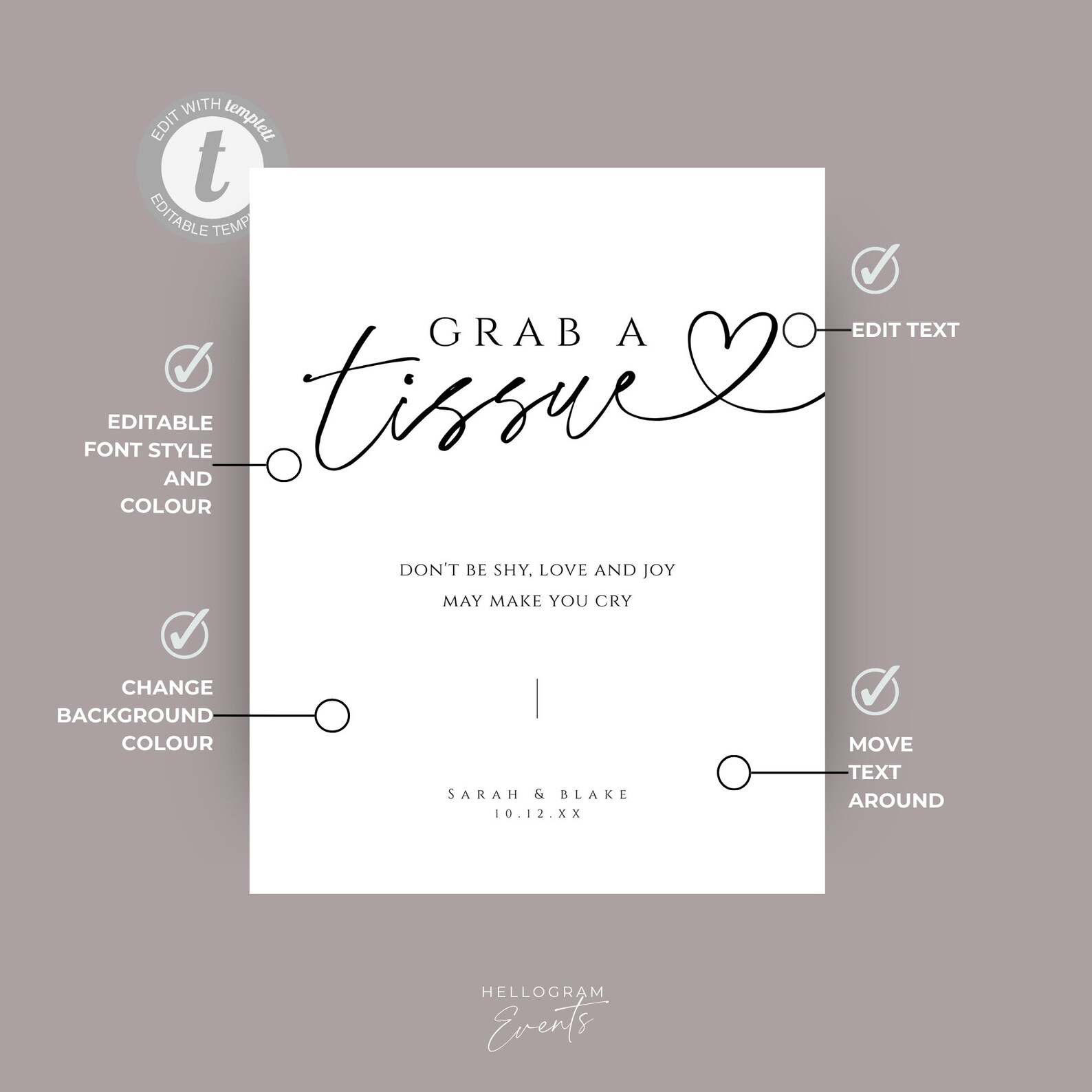 Wedding Tissue Sign, Printable Happy Tears, Editable Minimalist Modern ...