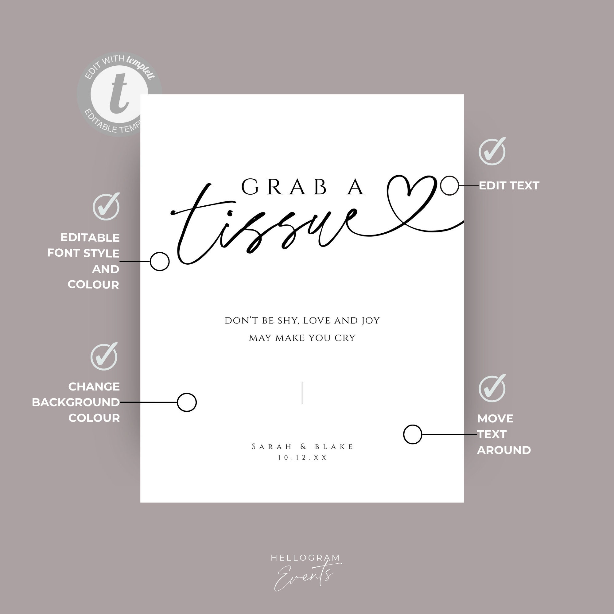 Wedding Tissue Sign, Printable Happy Tears, Editable Minimalist Modern ...