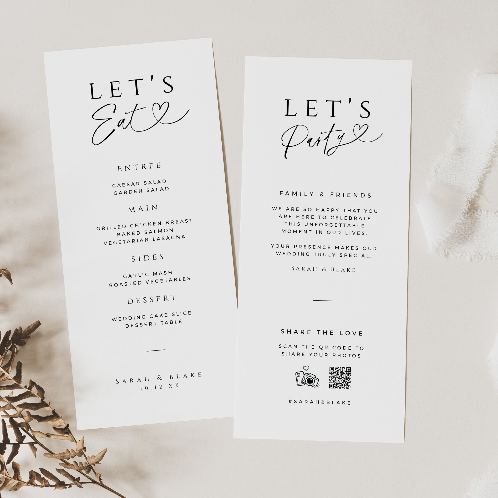 Wedding Thank You Cards QR Code, Menu Place Setting Note Card, Minimal ...