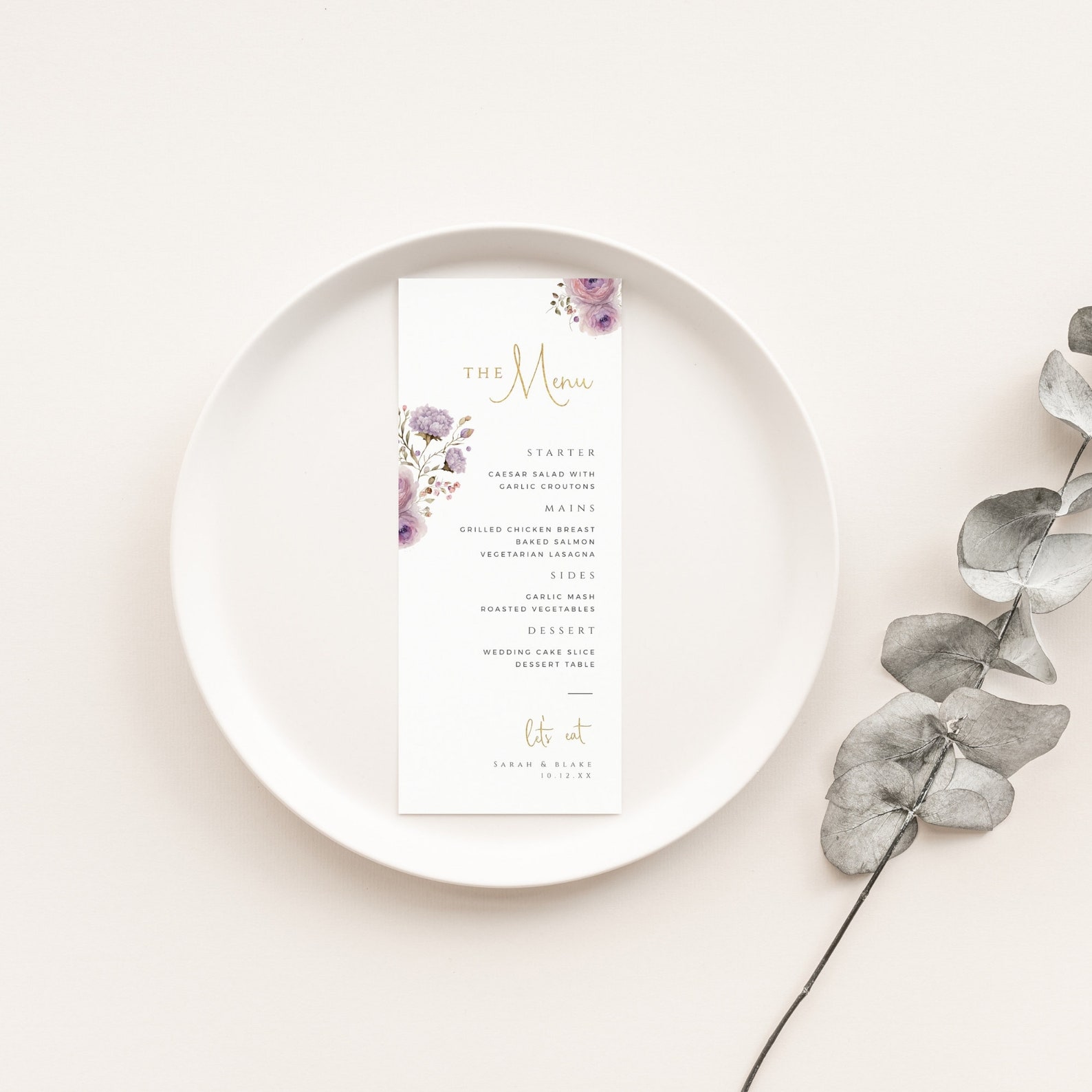 Lilac Wedding Menu, Purple and Gold Template, Printable Lavender Menu ...