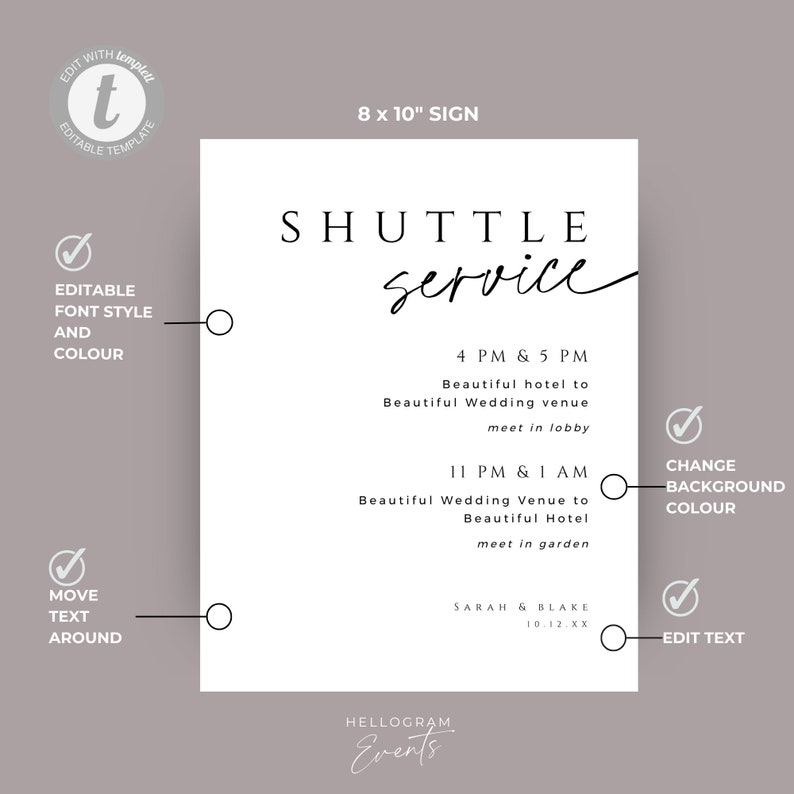 Shuttle Wedding Sign, Minimalist Printable Bus Service Table Card ...