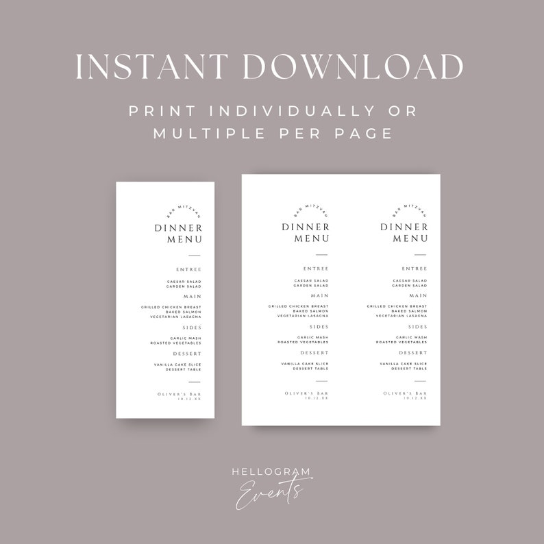 Bar Mitzvah Dinner Menu, Printable Minimal Reception Sign, Simple ...