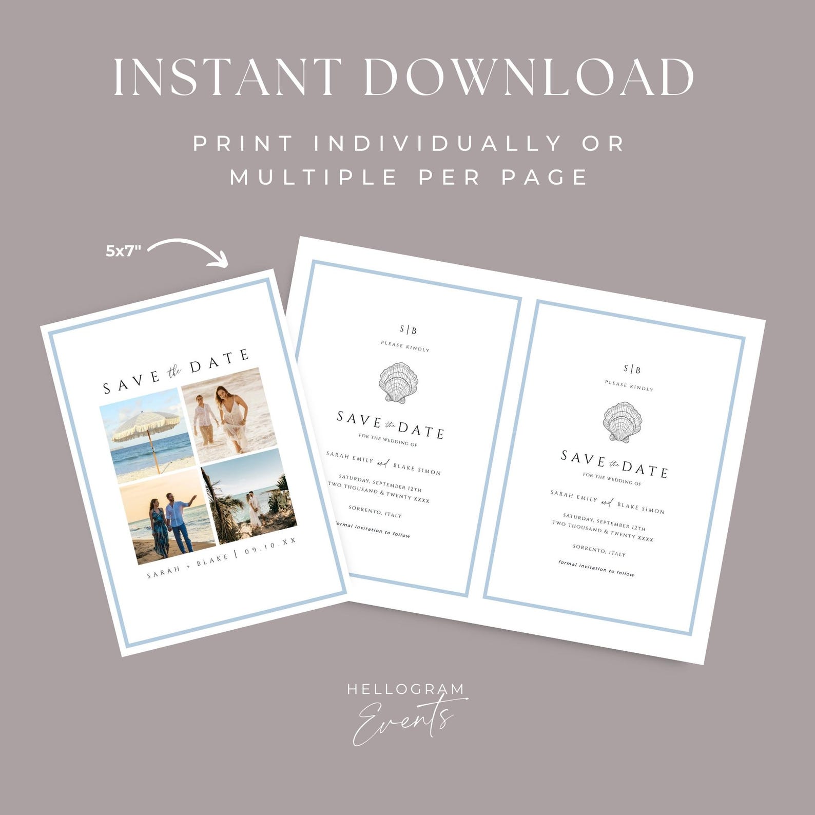 Save the Date Shell, Coastal Wedding Invitations With Photos, Dusty ...