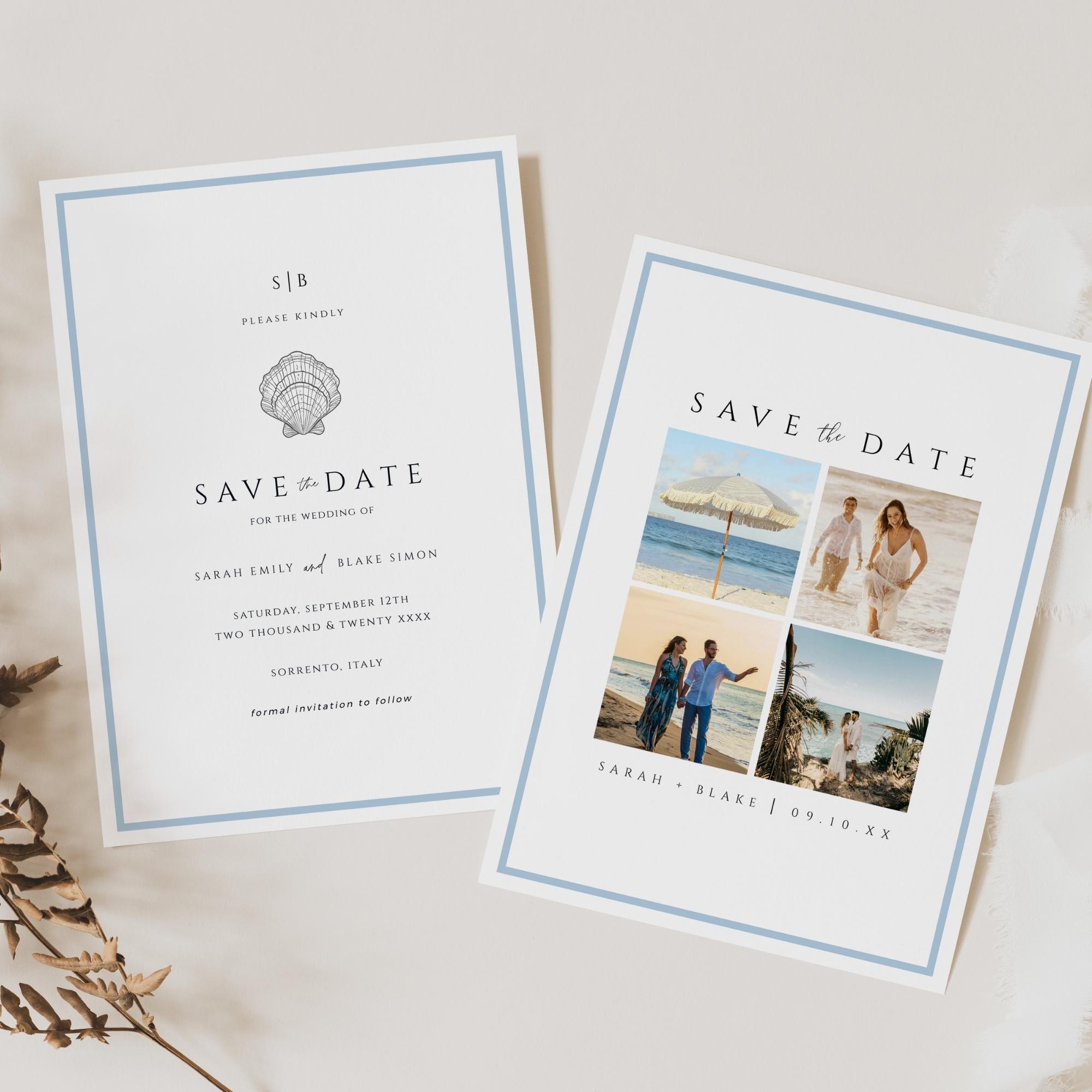Save the Date Shell, Coastal Wedding Invitations With Photos, Dusty ...