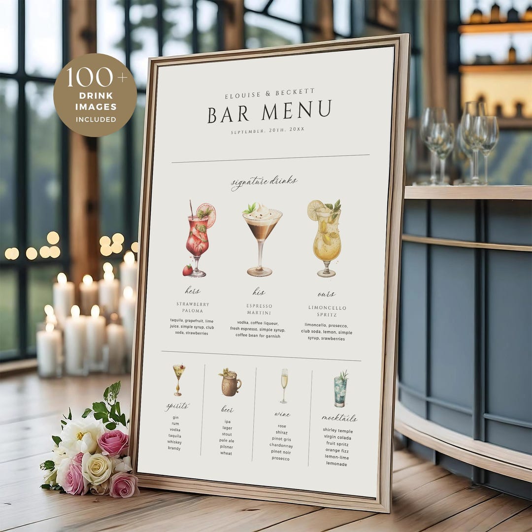 Wedding Bar Menu His Hers Ours, Minimal Signature Drink Template, Wine ...