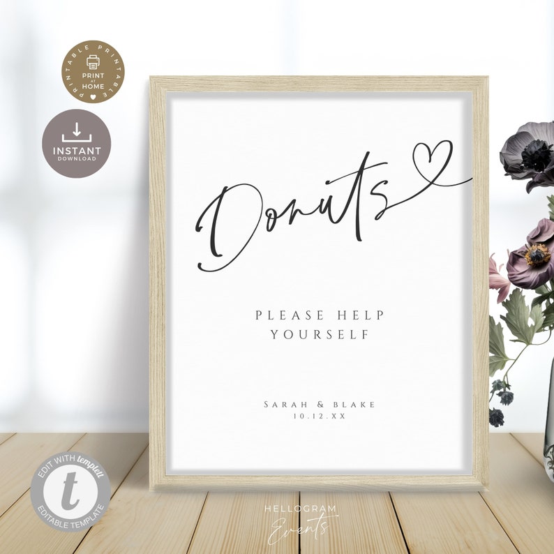 Wedding Donut Sign, Minimalist Dessert Bar Template, Printable Modern ...