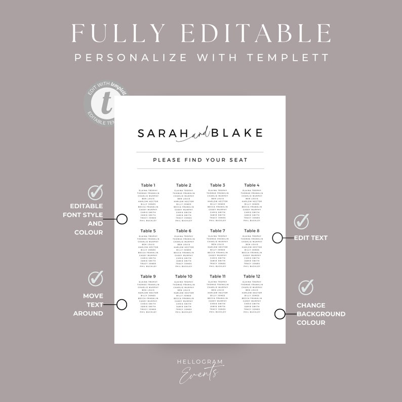 Wedding Seating Chart for 12 Tables, Editable Minimal Table Number Seat ...