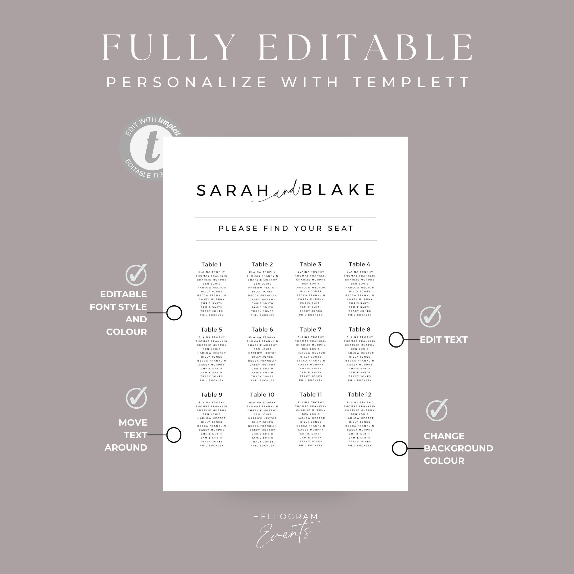 Wedding Seating Chart for 12 Tables, Editable Minimal Table Number Seat ...