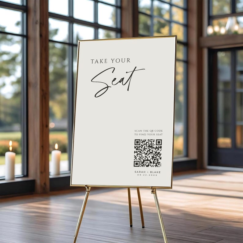Seating Chart Sign QR Code, Wedding Welcome Sign Template, Minimal ...