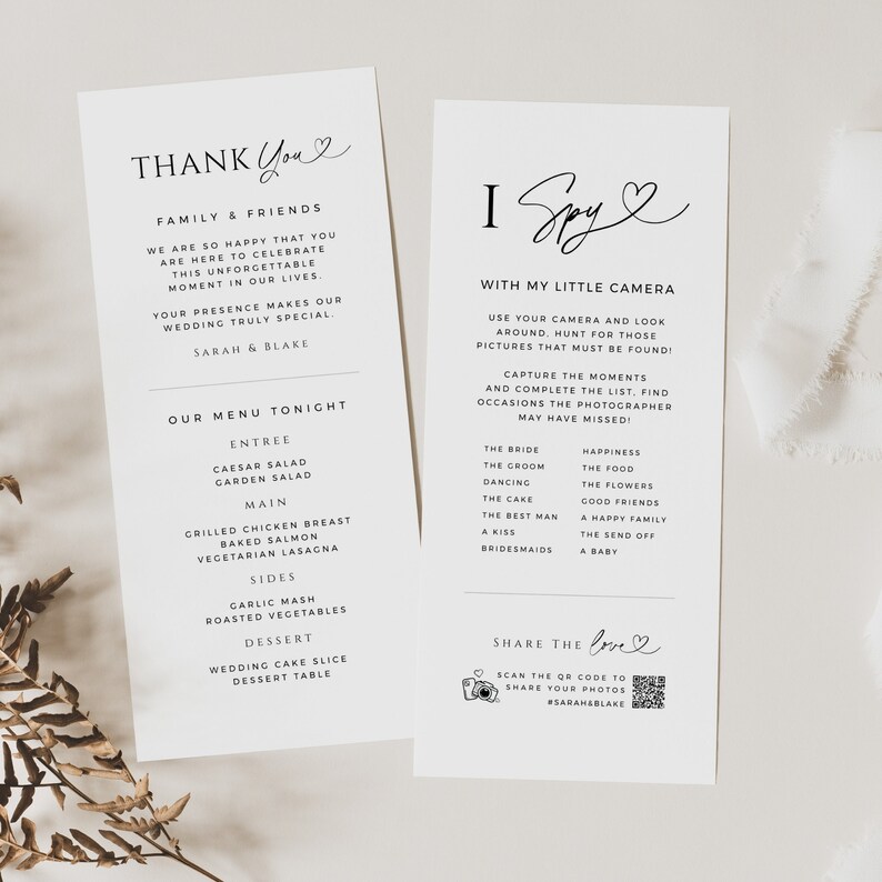 I Spy Wedding QR Code, Menu and Thank You Note Template, Photo Share ...