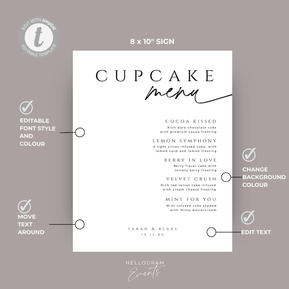 Cupcake Menu Template, Minimal Wedding Cake Sign, Modern Printable ...