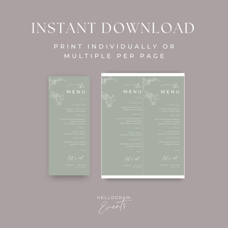 Sage Green Menu Card, Lets Eat Wedding Dinner, Minimalist Printable ...