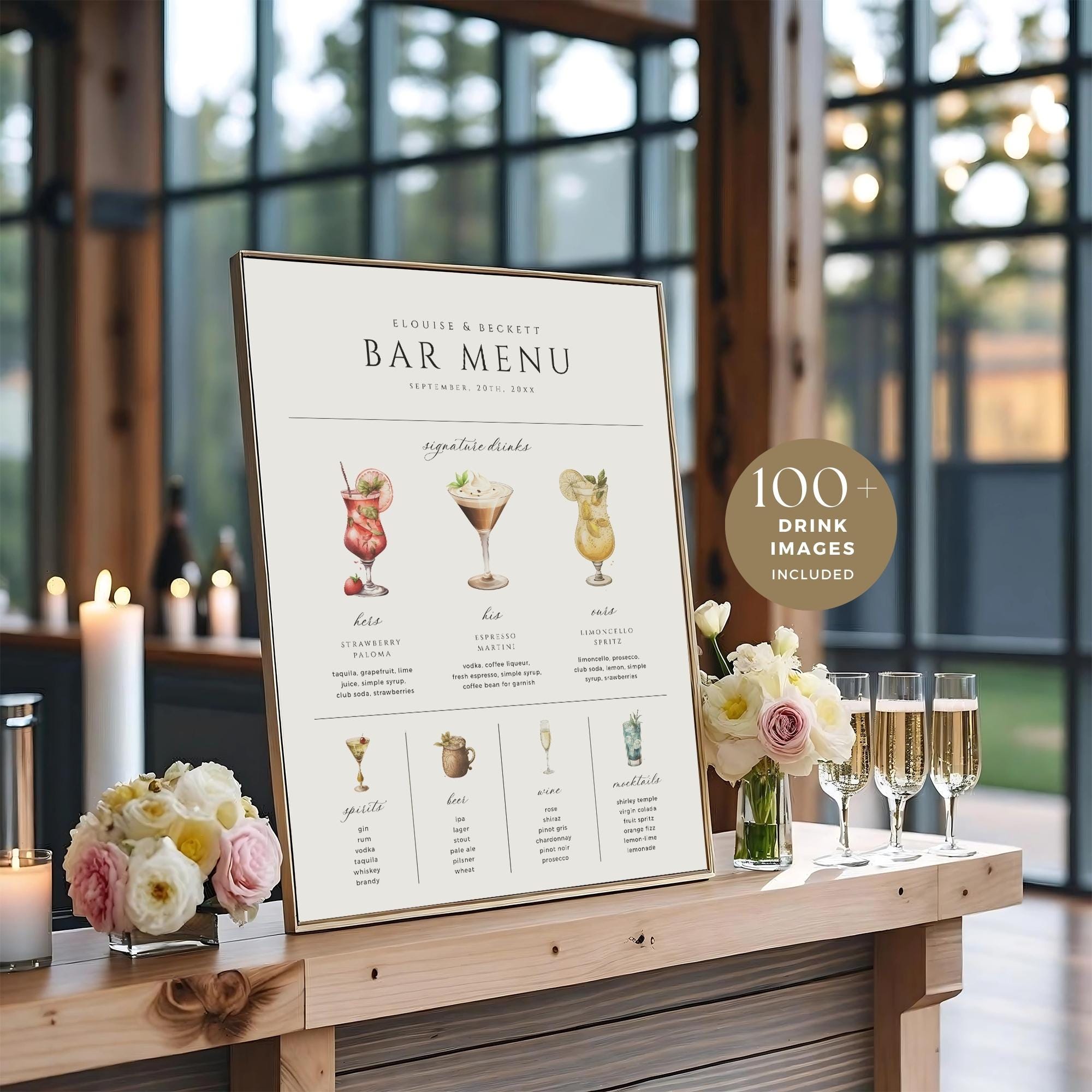 Wedding Bar Menu His Hers Ours, Minimal Signature Drink Template, Wine ...