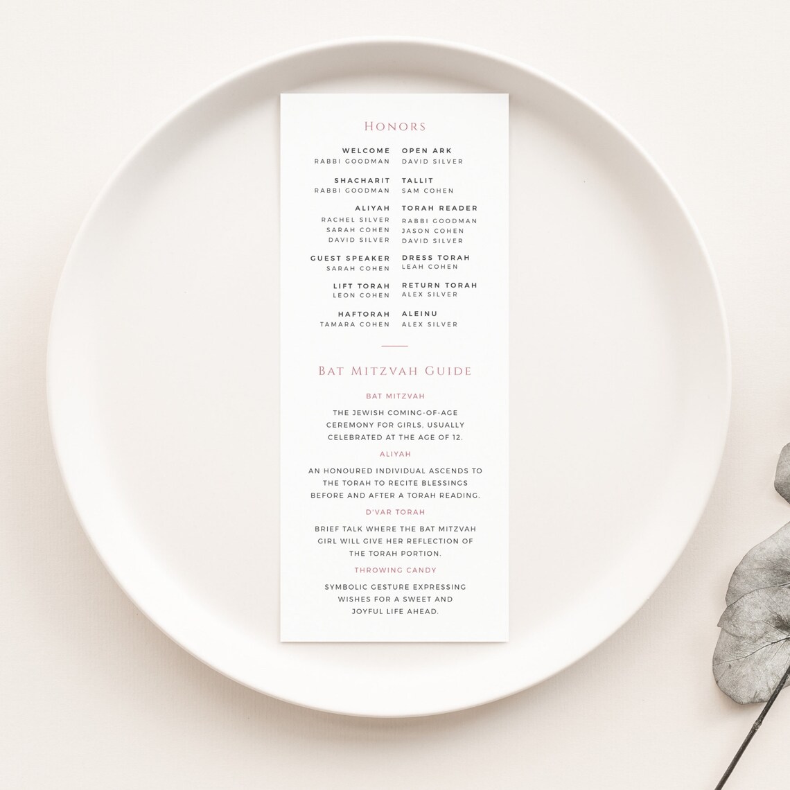 Bat Mitzvah Program Template, Editable Long Minimal Info Card ...