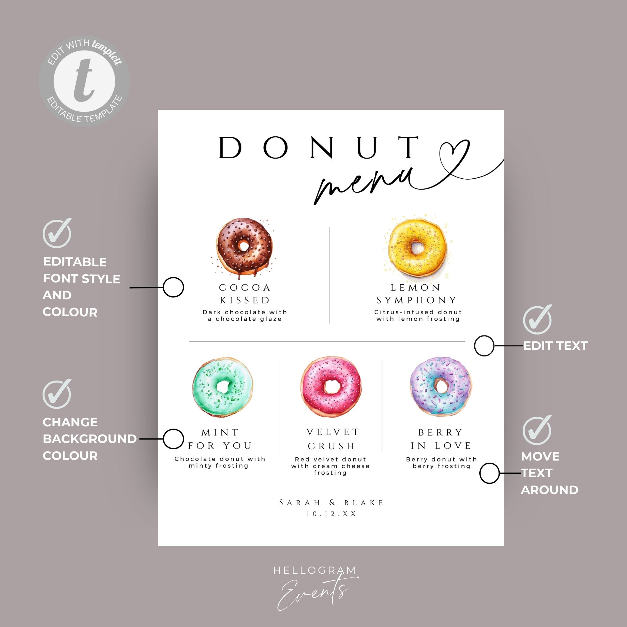 Donut Bar Menu, Wedding Dessert Table Sign, Editable Modern Printable ...