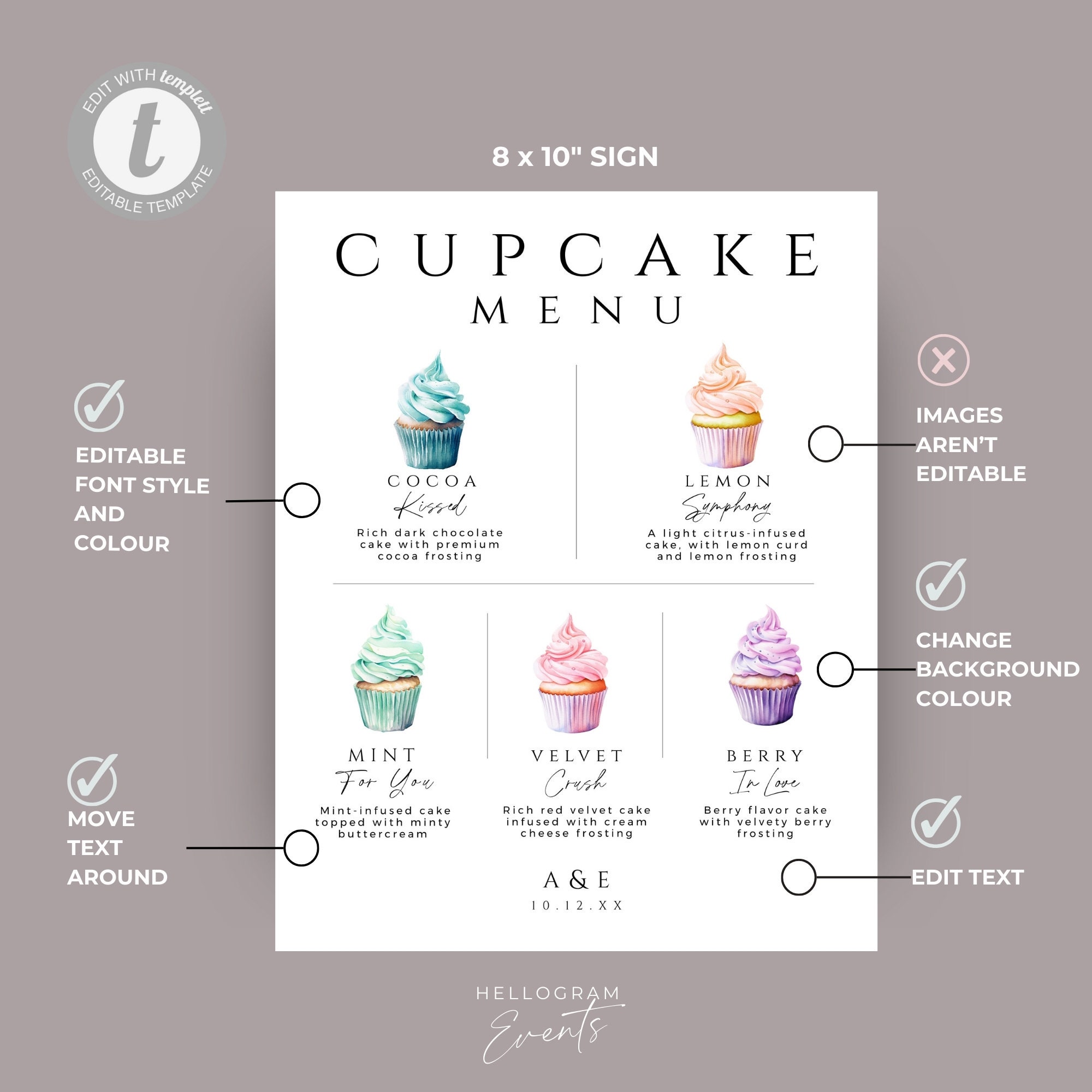 Cupcake Menu Template, Minimal Wedding Cake Sign, Modern Printable ...