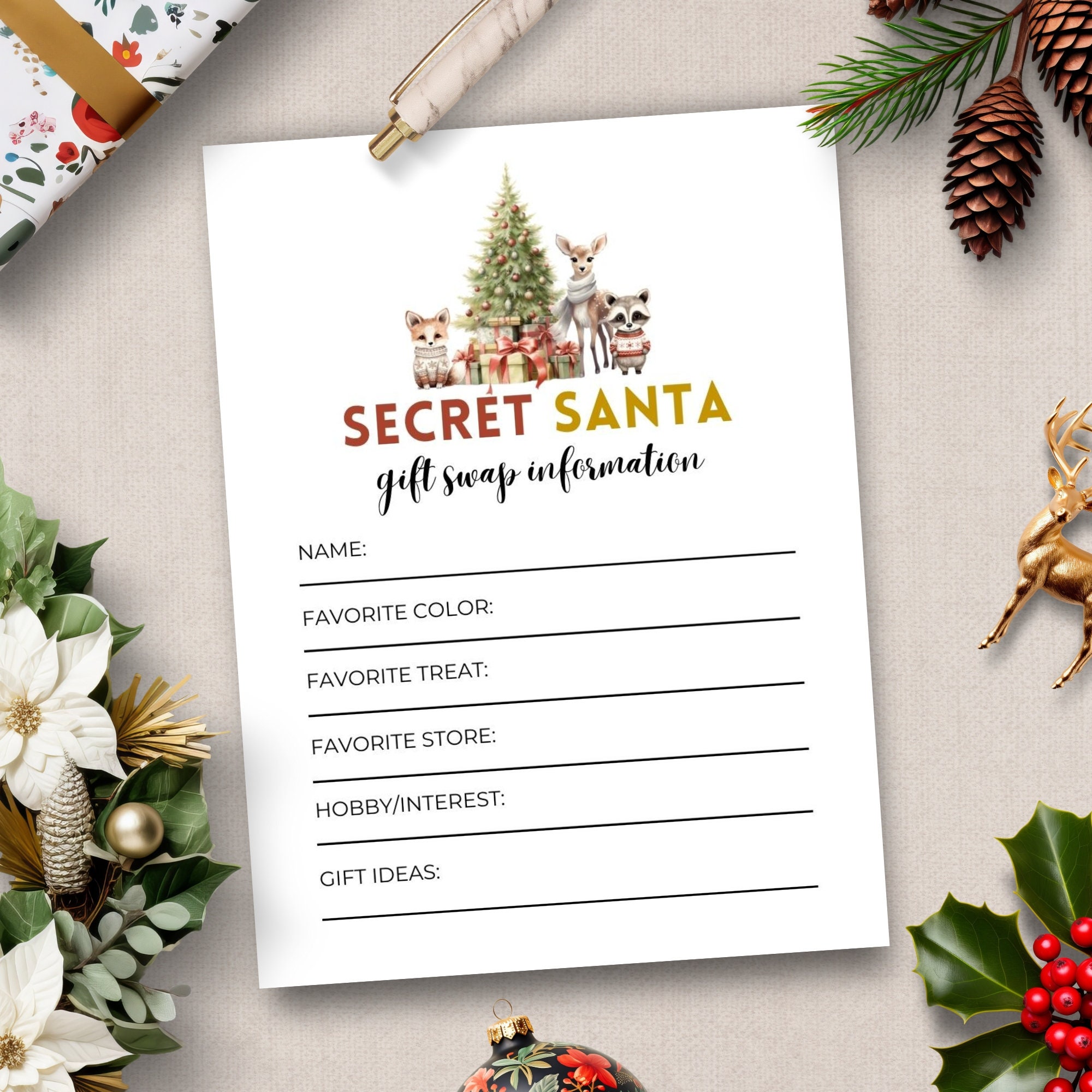 Printable Secret Santa Survey, Christmas Work Gift Exchange ...