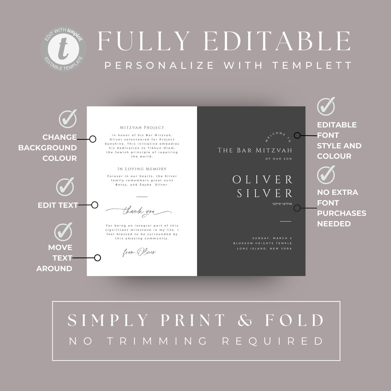 Bar Mitzvah Program Template, Editable Folded Minimal A4 Letter ...