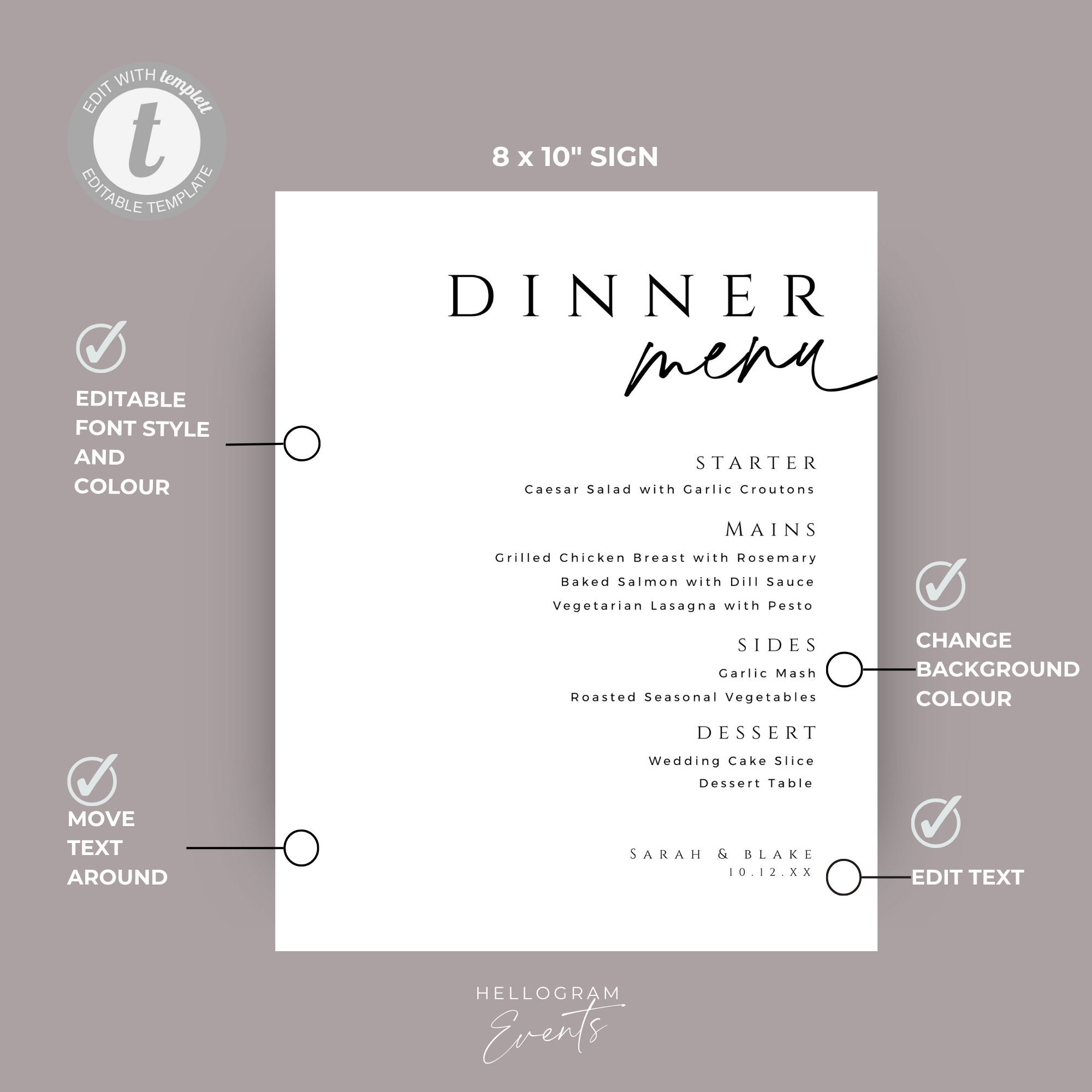 Wedding Menu Sign for Buffet, Editable Dinner Menu Template, Printable ...