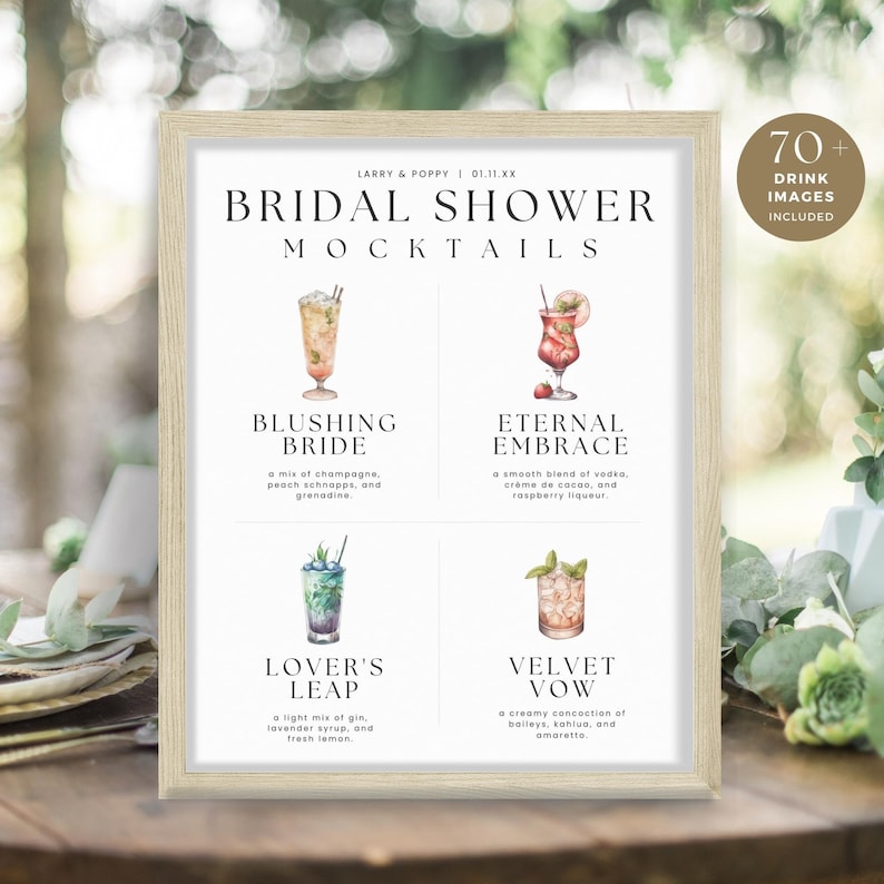 Bridal Shower Mocktail, Minimalist Printable Bar Menu, Signature Four ...