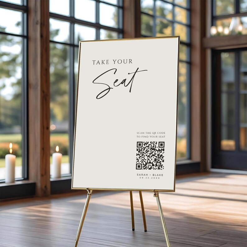 Seating Chart Sign QR Code, Wedding Welcome Sign Template, Minimal ...