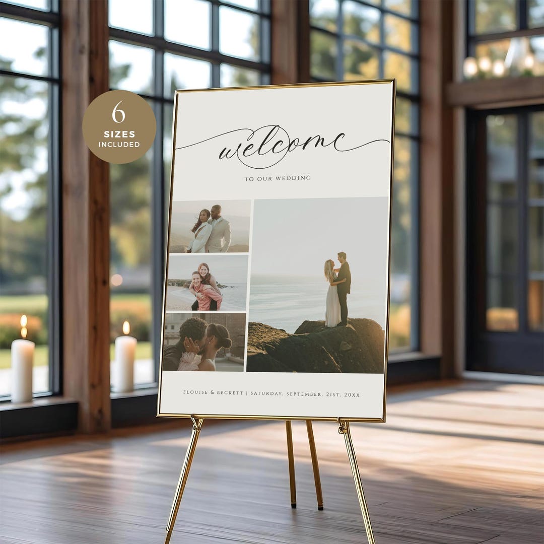 Wedding Photo Collage Welcome Sign, Elegant Engagement Poster Template ...