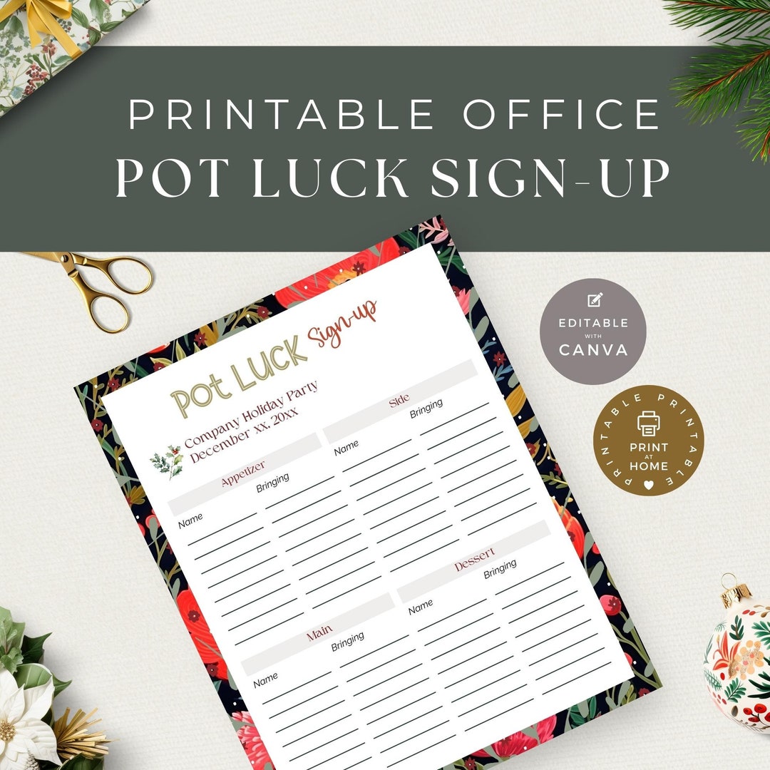 Pot Luck Sign up Template, Printable Office Potluck Sign in Sheet ...