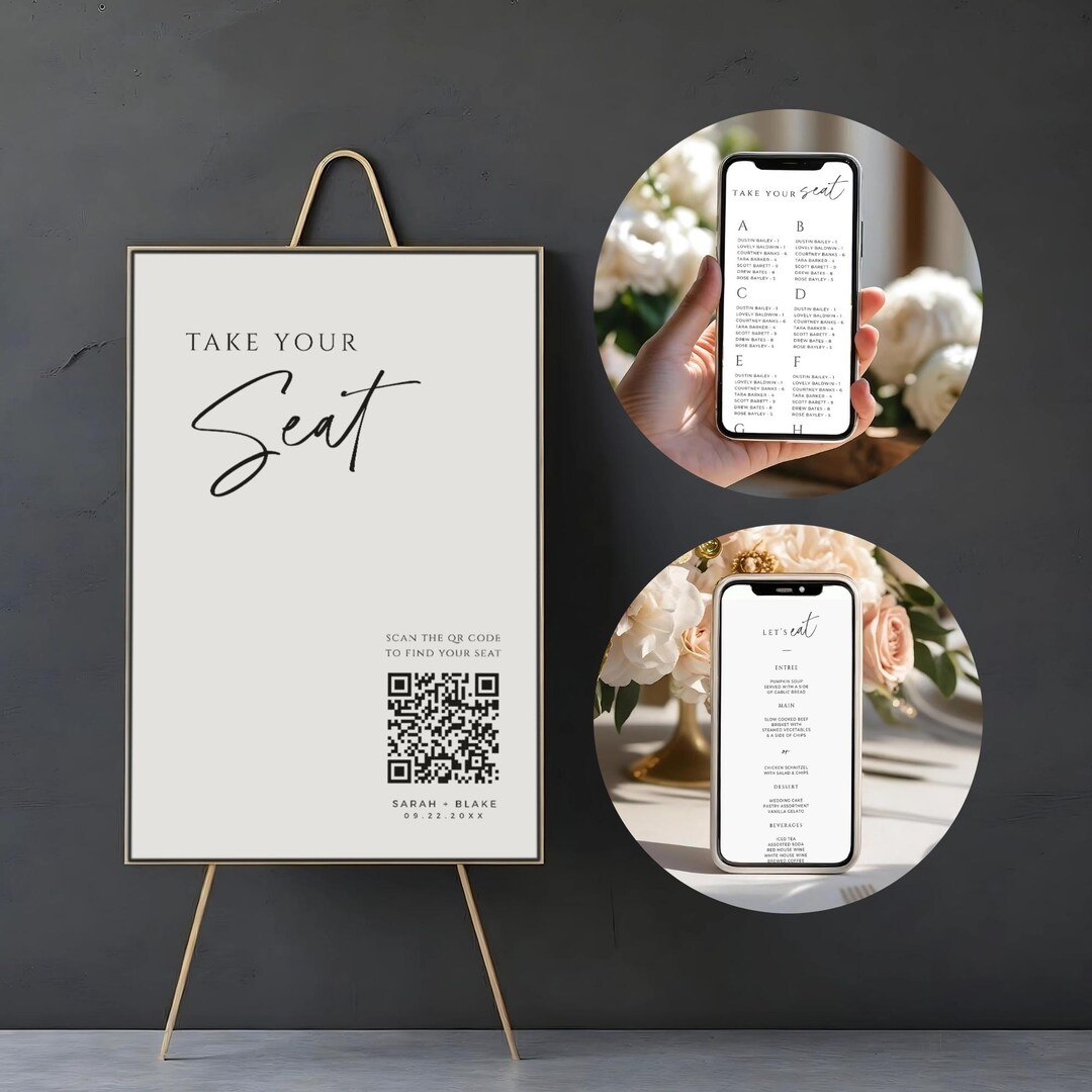 Digital Seating Chart With Qr Code Sign Template, Minimal Wedding Let's ...