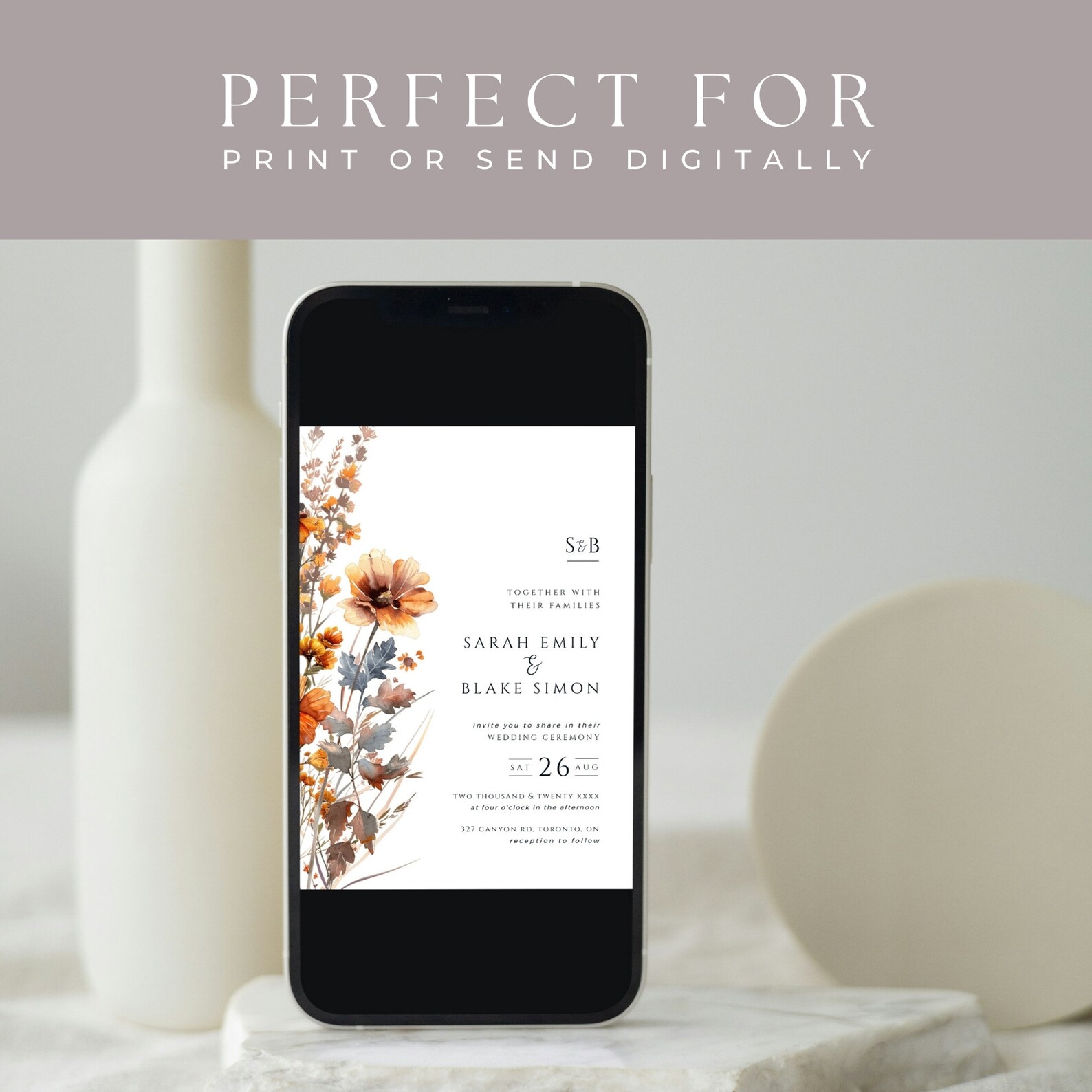 Burnt Orange Wedding Invitations Set Digital Invite, Watercolor ...