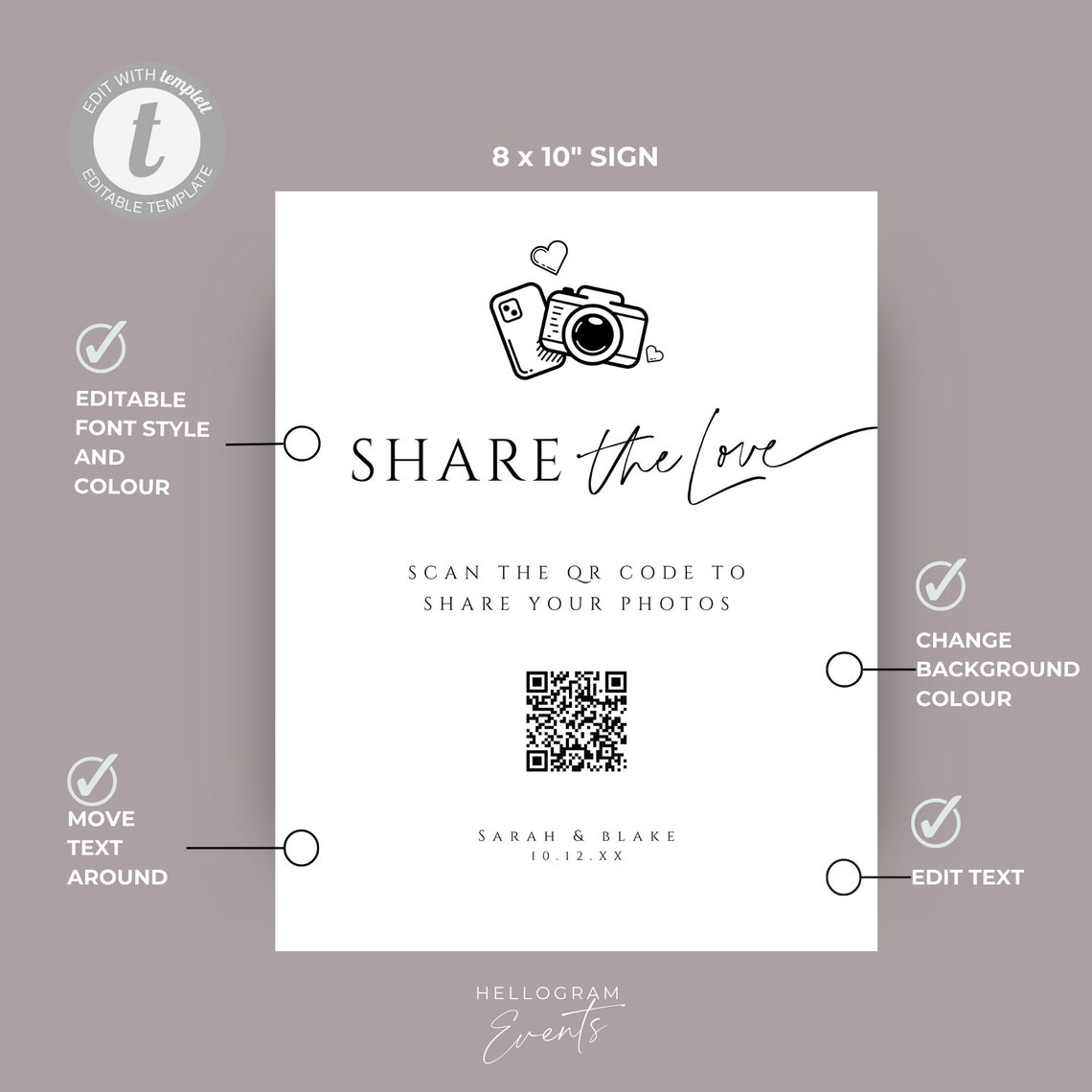 Share the Love Wedding Sign, Minimalist Photo Album QR Code Template ...