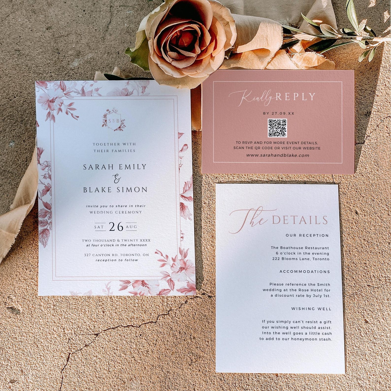 Dusty Rose Wedding Invitation With Qr Code, French Toile Invite ...