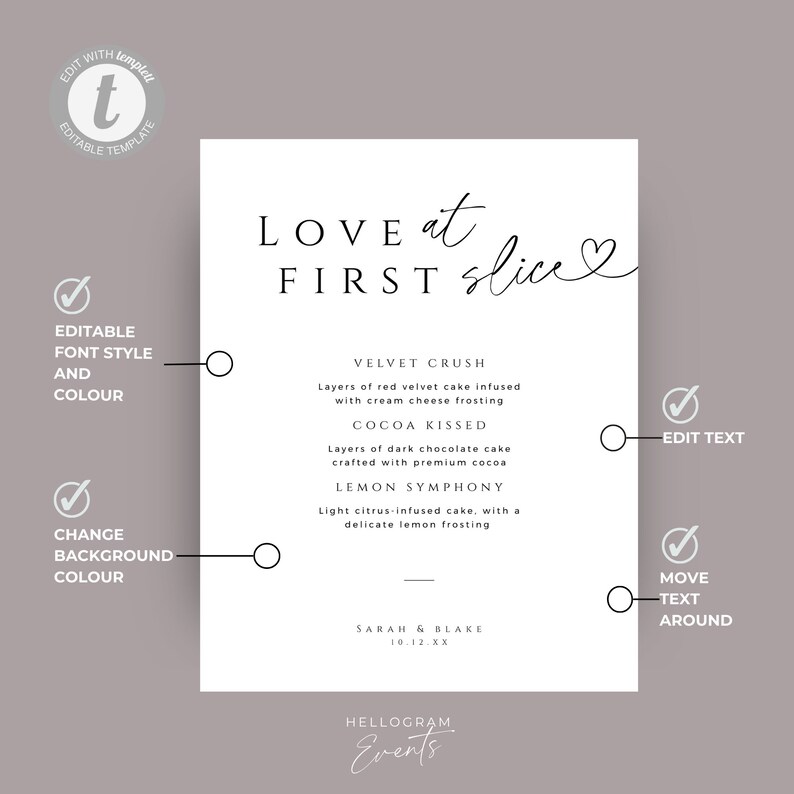 Cake Menu Template, Dessert Flavors for Wedding Sign, Printable Minimal ...