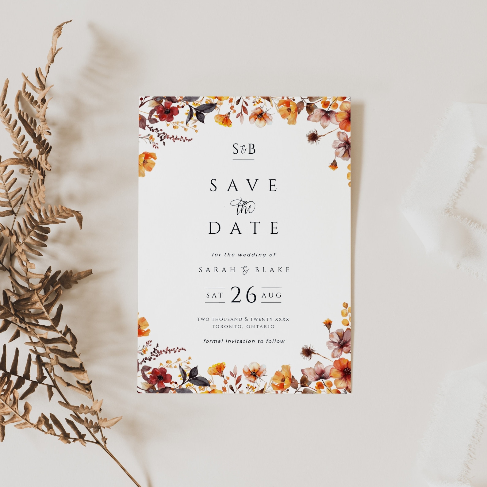 Fall Foliage Save the Date, Floral Terracotta and Burgundy Wedding ...