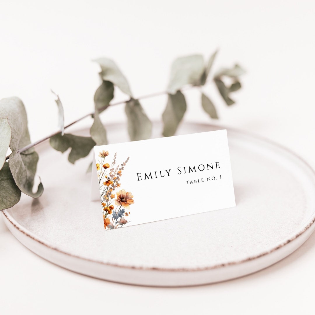 Wildflower Place Card Template, Wedding Guest Name Cards, Burnt Orange ...