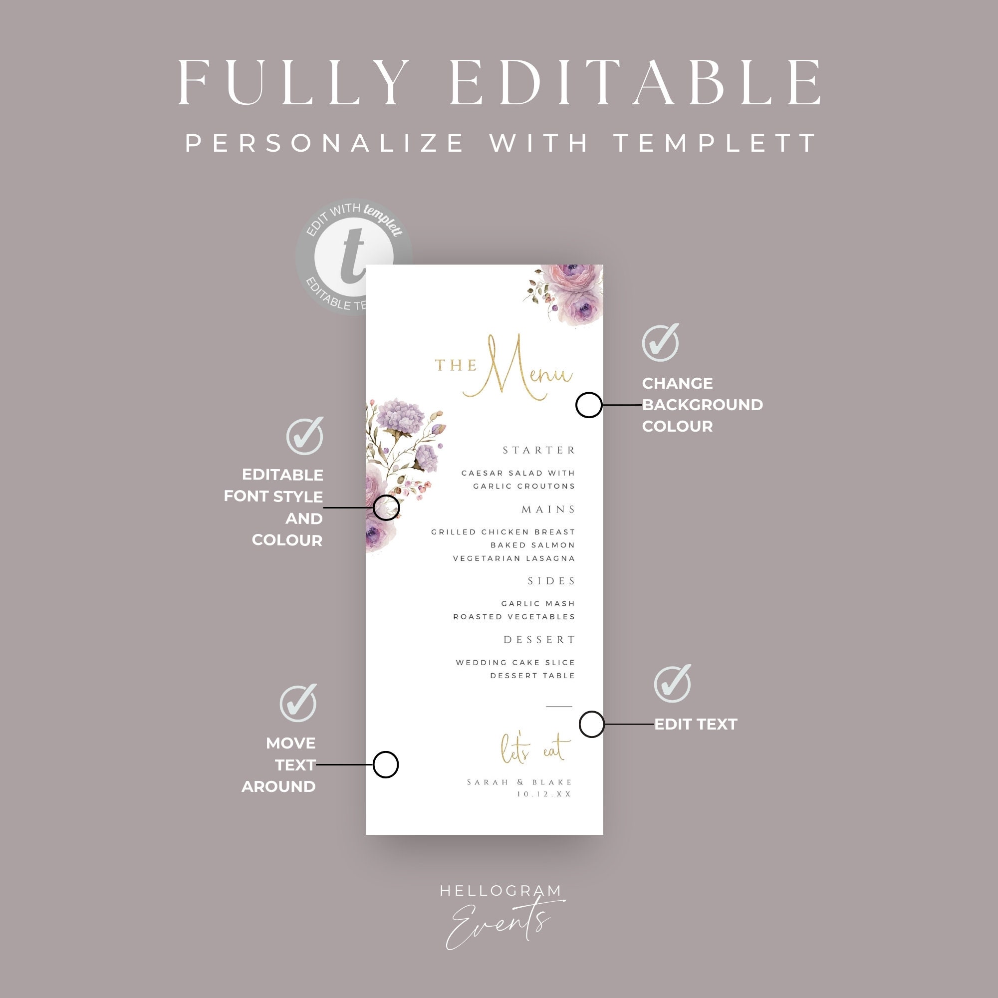 Lilac Wedding Menu, Purple and Gold Template, Printable Lavender Menu ...
