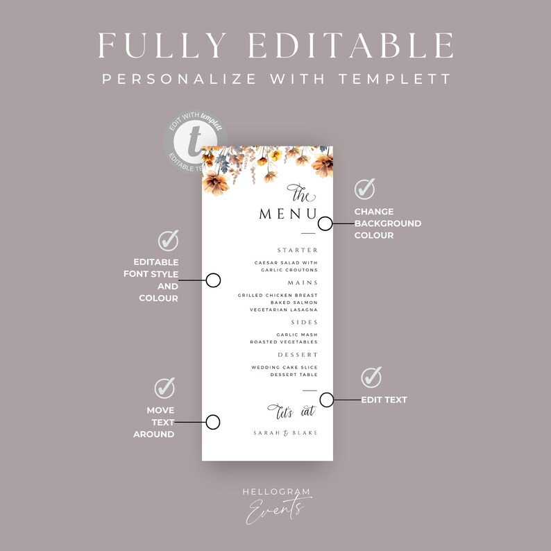 Burnt Orange Wedding Menu, Printable Wildflower Place Setting, Lets Eat ...