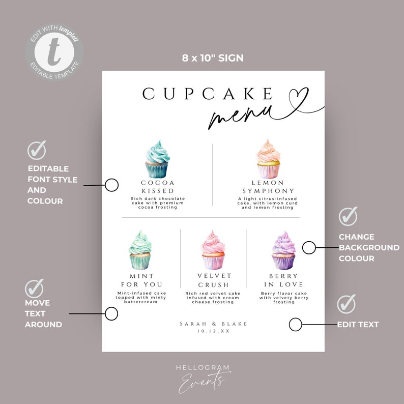 Cupcake Menu Template, Minimal Wedding Cake Sign, Modern Printable ...