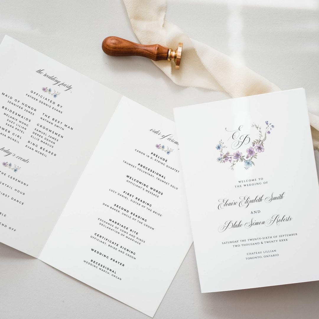 Formal Wedding Program Template, Printable Folded Church Booklet, Dusty ...