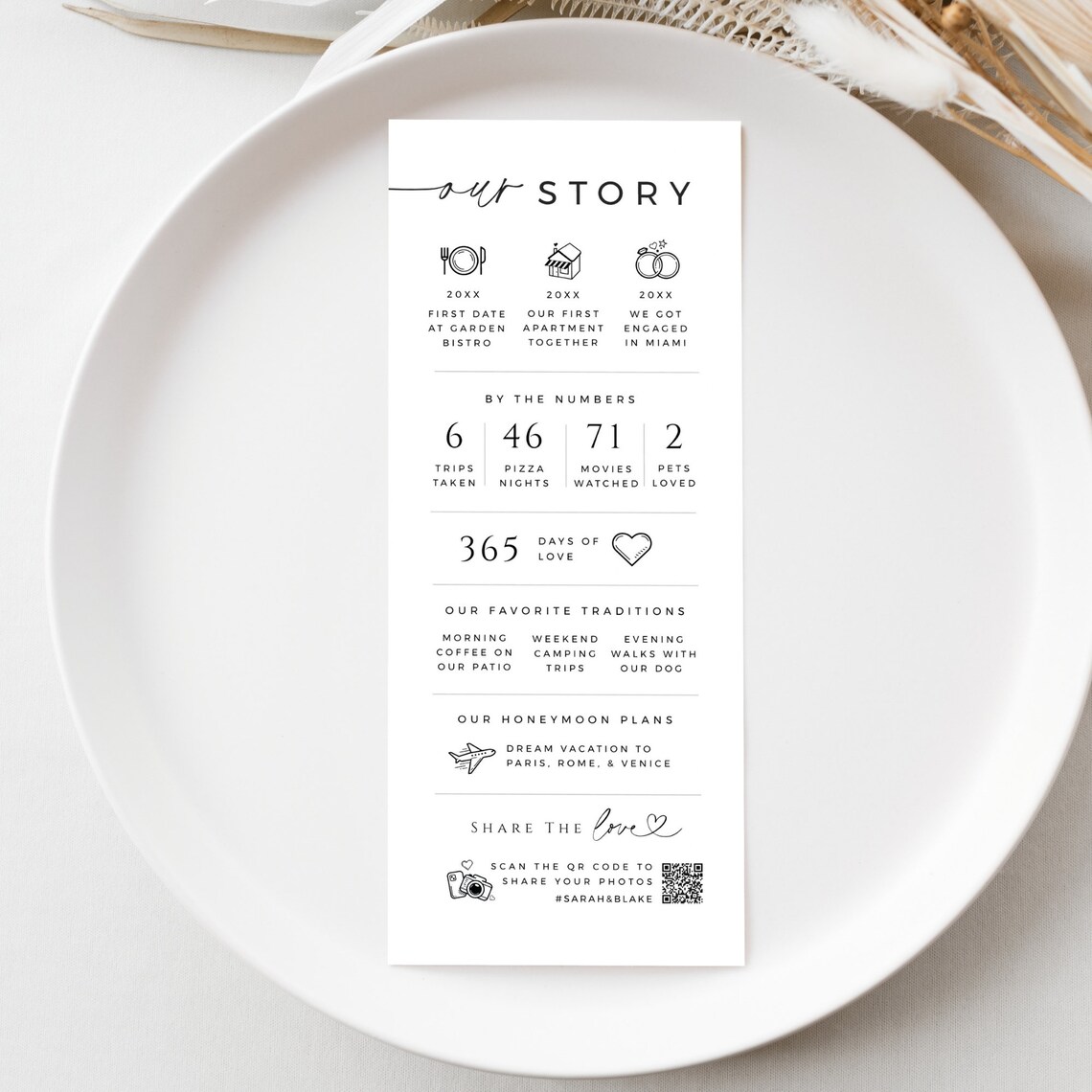 Wedding Fun Facts Card, Table Menu Place Setting, Infographic Timeline ...